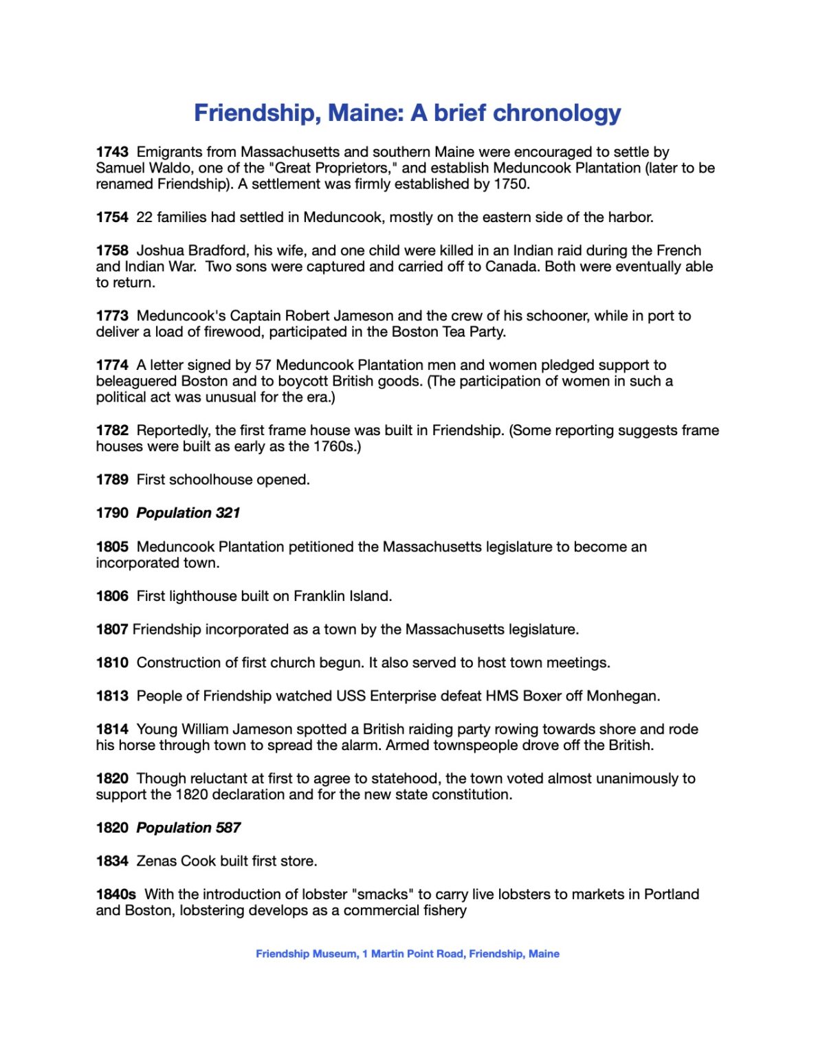 Chronology - Friendship Museum, Friendship Maine